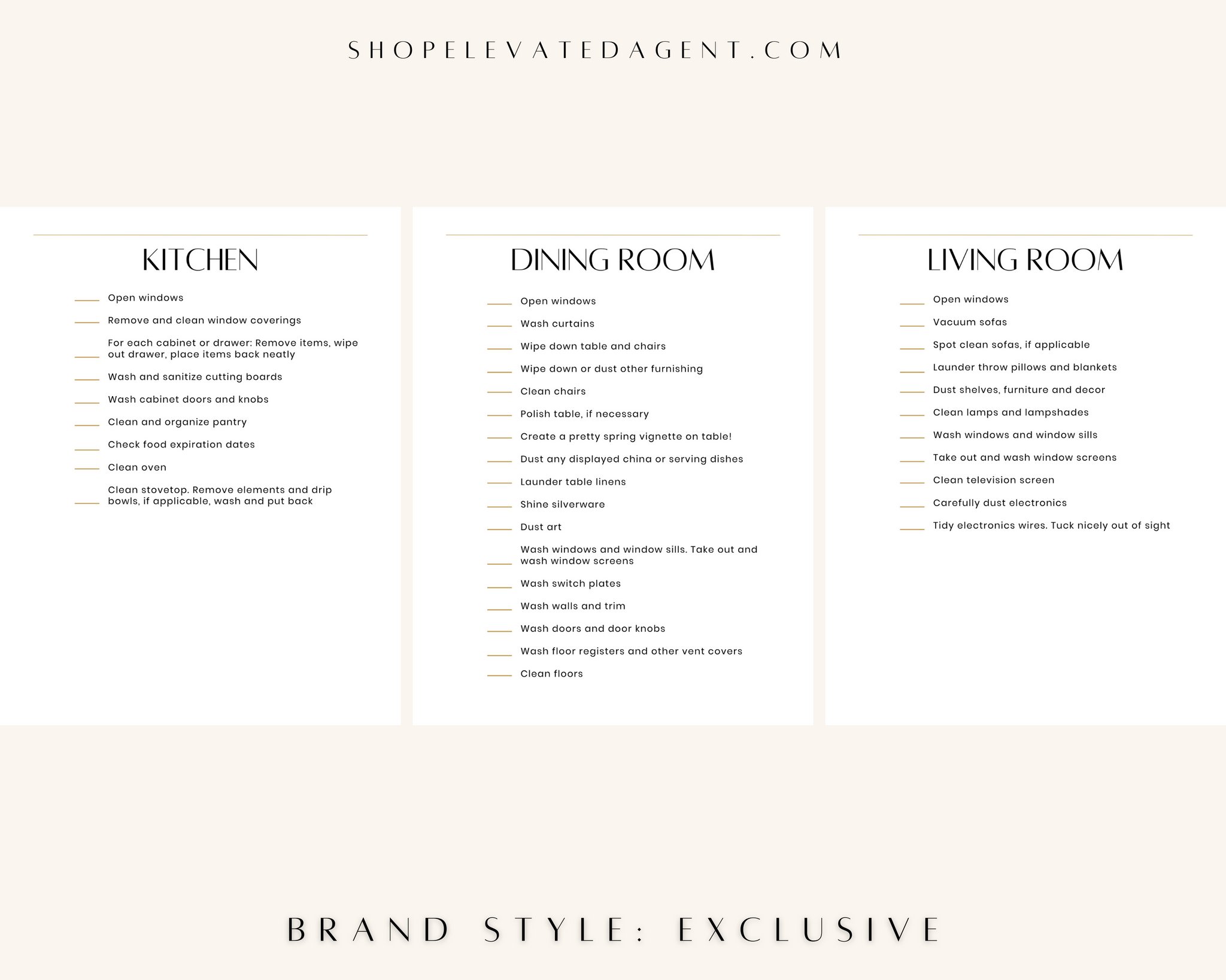 Cleaning Checklist - Exclusive Brand Style – Elevated Agent Vault